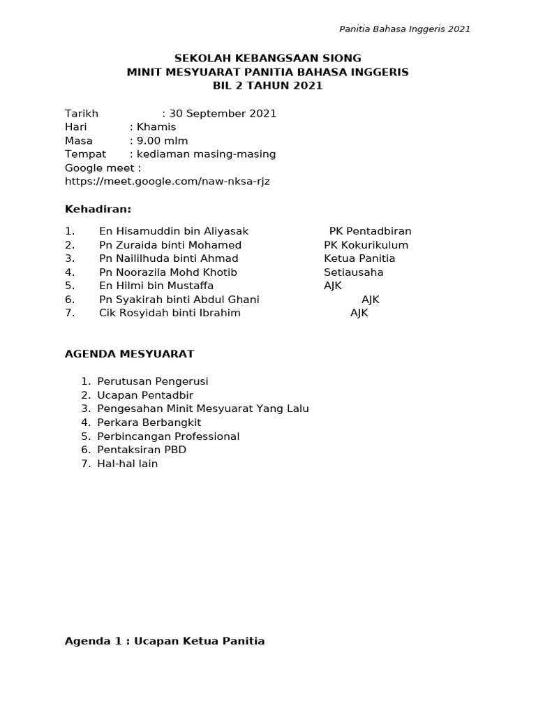 Minit Mesyuarat BI 20212 | PDF