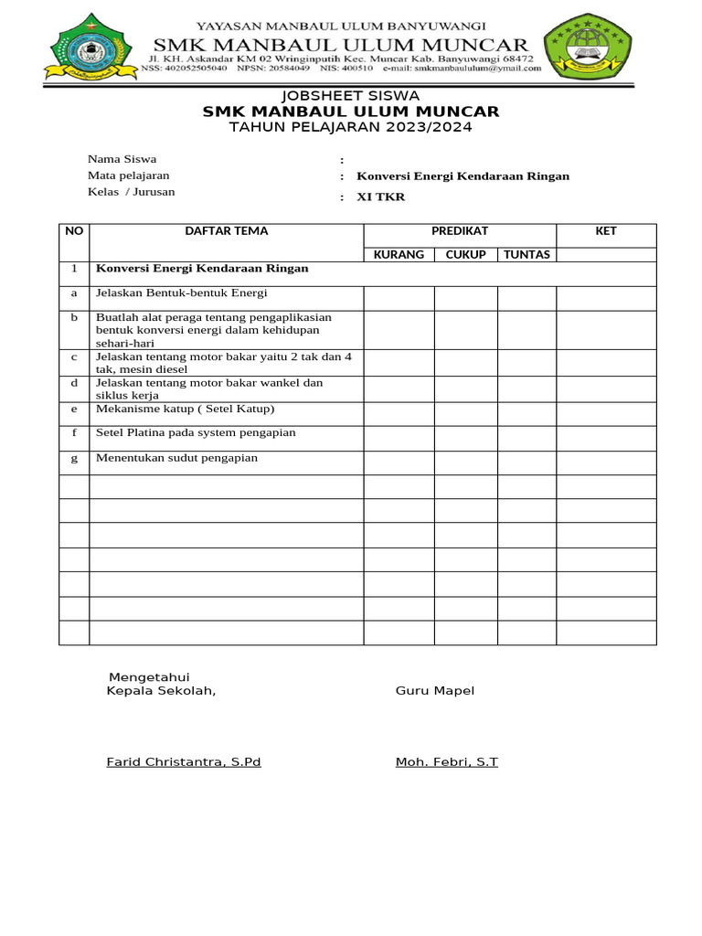 Jobsheet Siswa Xi Tkro 3 Konversi Energi | PDF