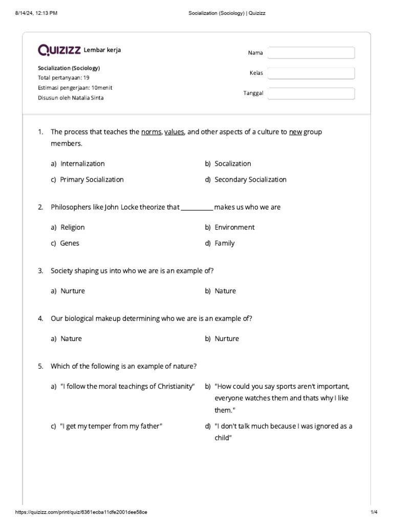 Socialization (Sociology) - Quizizz | PDF