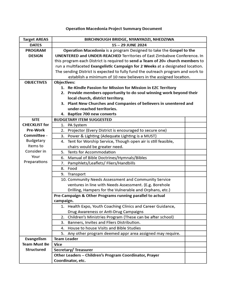 Operation Macedonia 2024 Project Summary Document | PDF