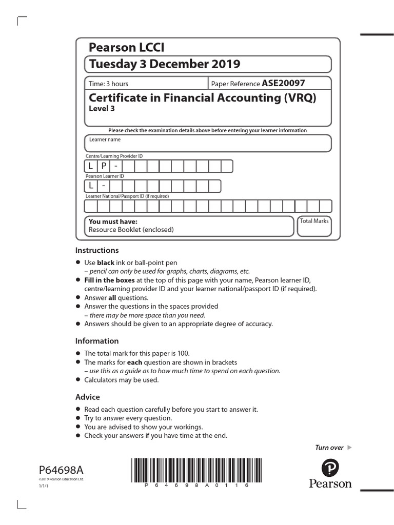 LCCI Level 3 Certificate in Financial Accounting ASE20097 Dec 2019 | PDF