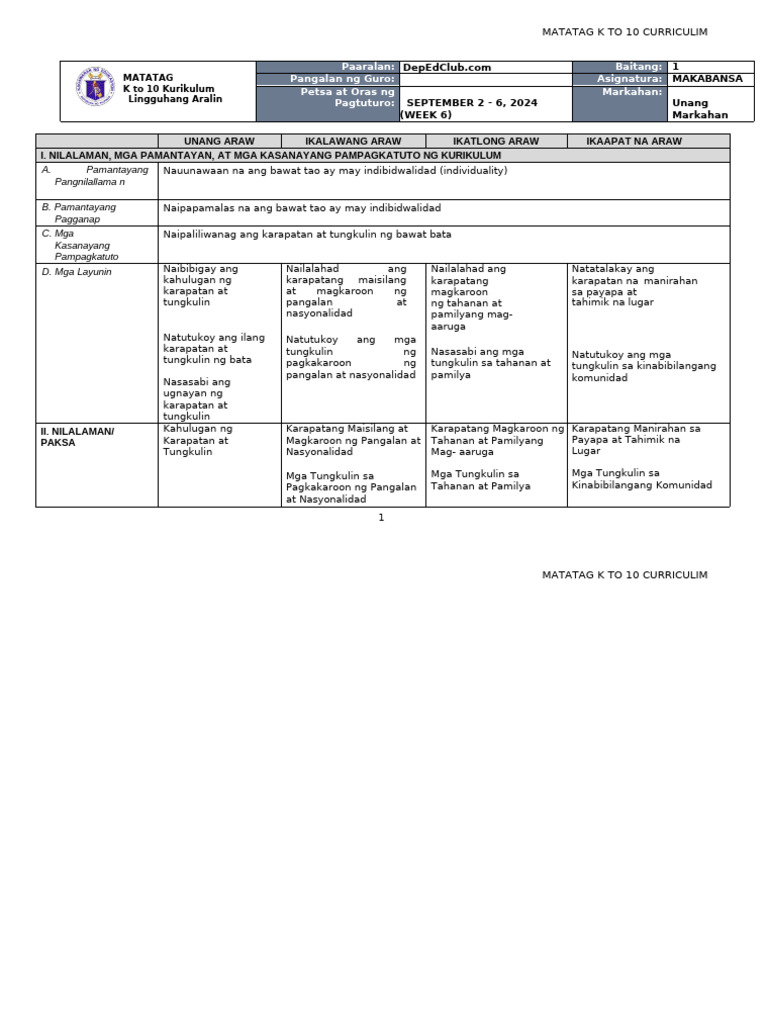 DLL Matatag - Makabansa 1 - Q1 - W6 | PDF
