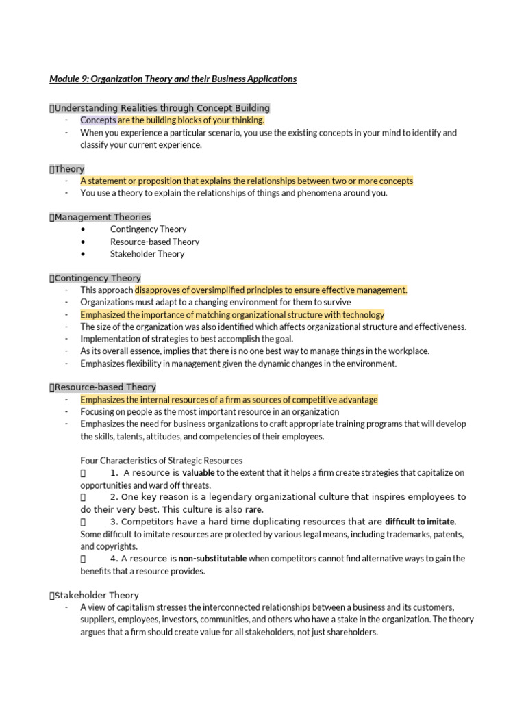Module 9 - Organization Theory and Their Business Applications | PDF