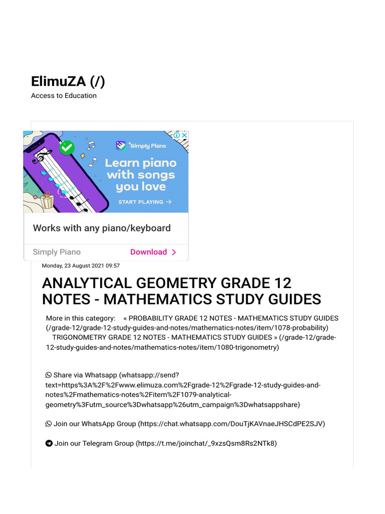 Analytical Geometry Grade 12 Notes - Mathematics Study Guides | PDF