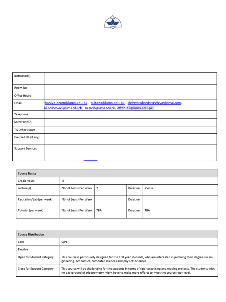 Calculus-I Math-101 Course Outline Fall Semester - 2024-2025 | PDF