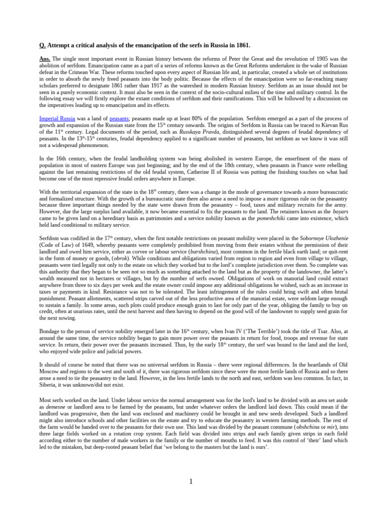 DMA Emancipation of Serfs in Russia | PDF | Serfdom | Russian Empire