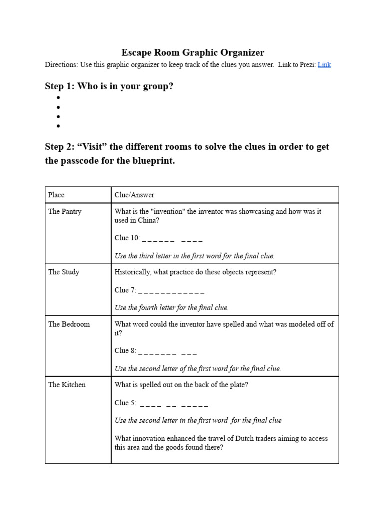 Blank - Inventions Escape Room Graphic Organizer | PDF | Invention ...
