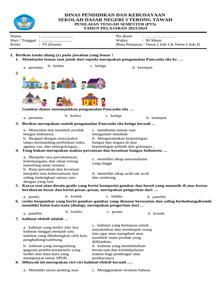 Soal Pts Kelas 6 Tema 1 Sub 3 Tema 2 Sub 1 OK | PDF | Ficción general