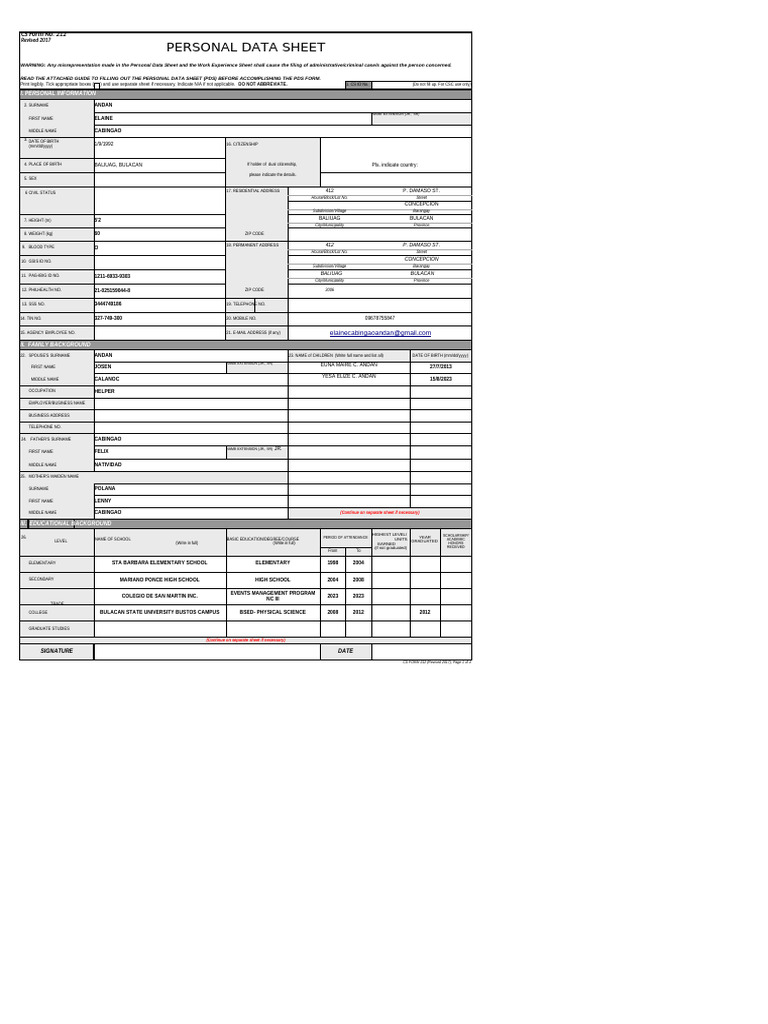 Cs Form No 212 Personal Data Sheet Revised Pdf