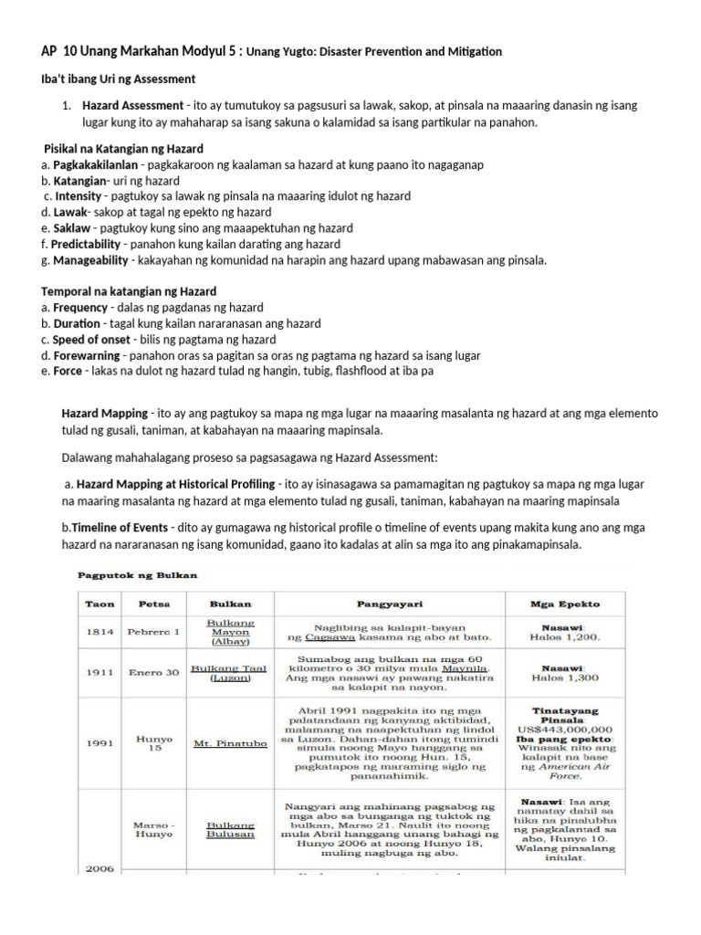 Handouts AP10 Q1 M5 Unang Yugto NG DRRM Plan | PDF
