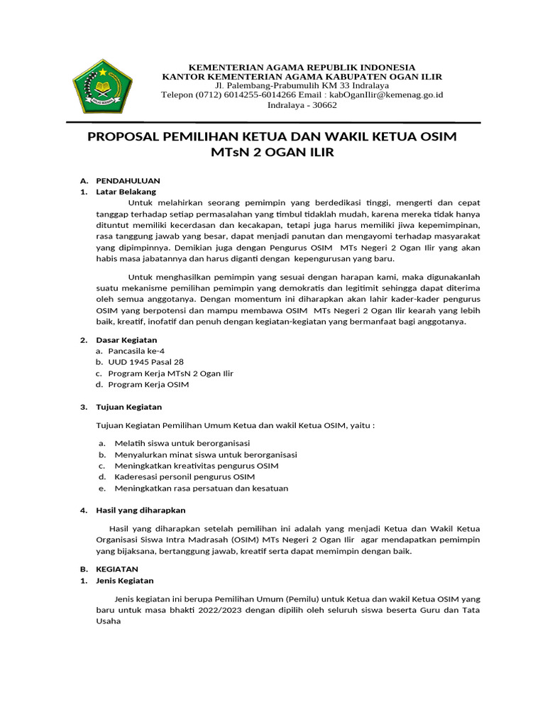 Proposal Pemilihan Ketua Dan Wakil Ketua Osim MTSN 2 Ogan Ilir Tp. 2022-2023 | PDF