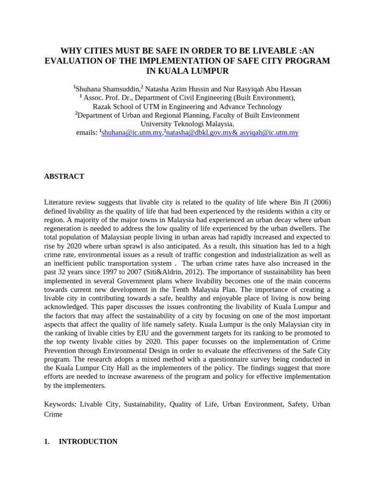 Why Cities Must Be Safe in Order To Be Liveable :an Evaluation of The ...