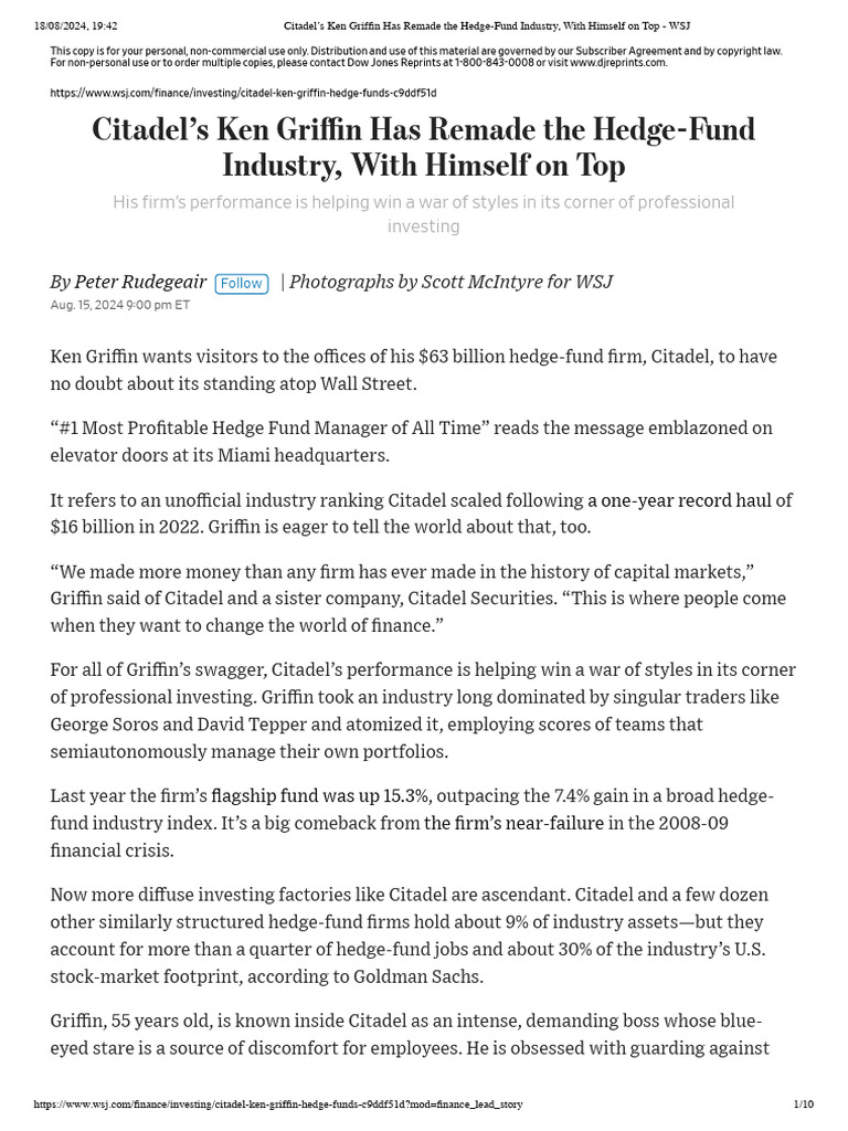 Citadel's Ken Griffin Has Remade The Hedge-Fund Industry, With Himself On Top - WSJ | PDF