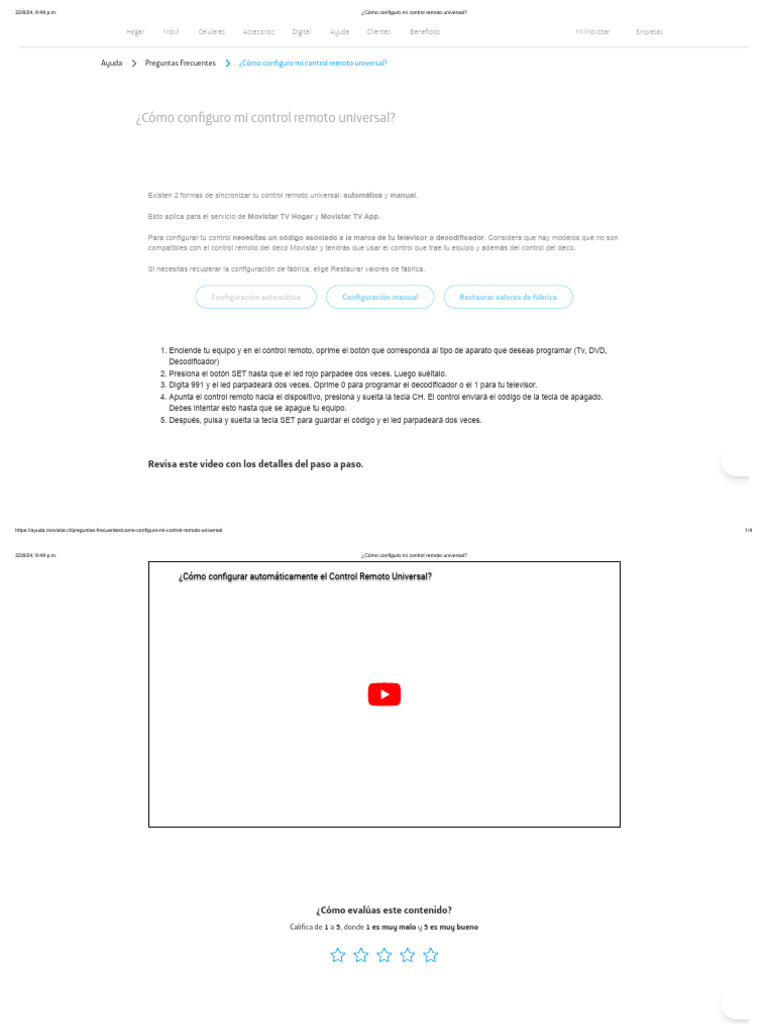 Configuración Control Remoto Universal Movistar | PDF | Control remoto ...