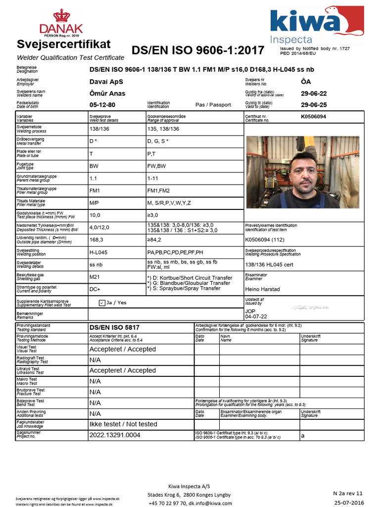 ISO 9606-1, Svejsecertifikat (1094749) (5128) | PDF