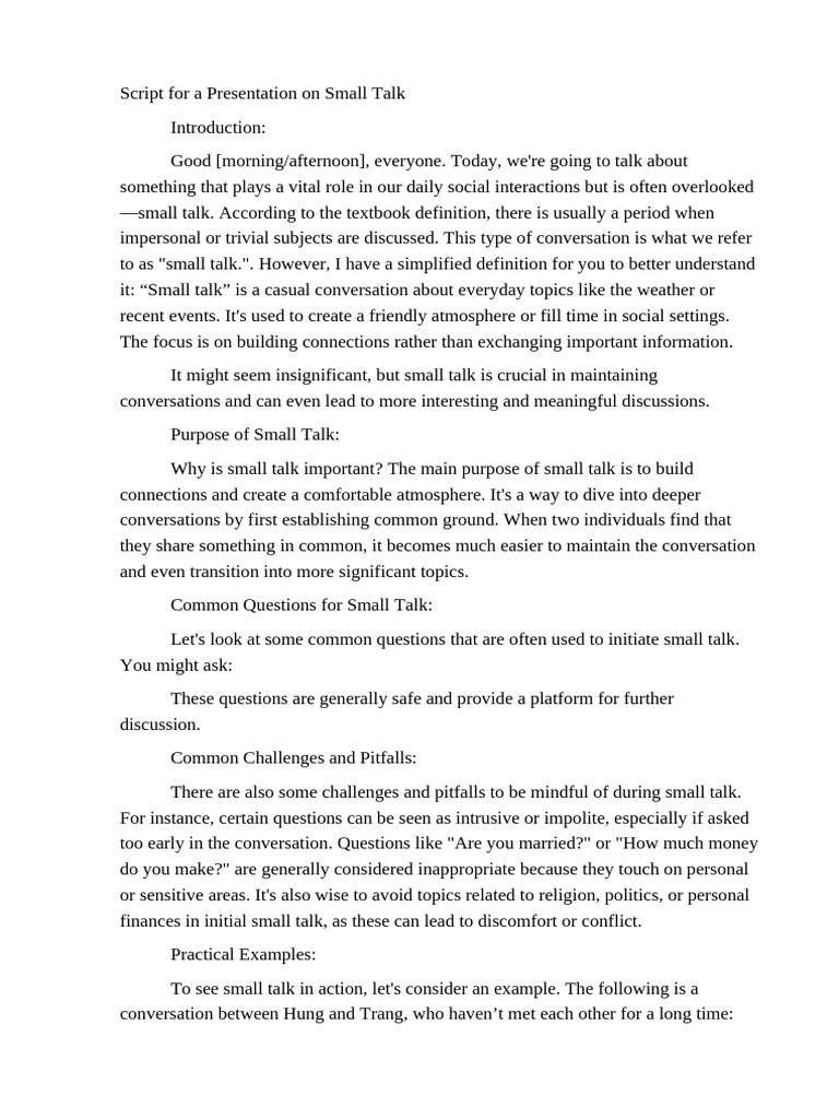 Script For A Presentation On Small Talk | PDF