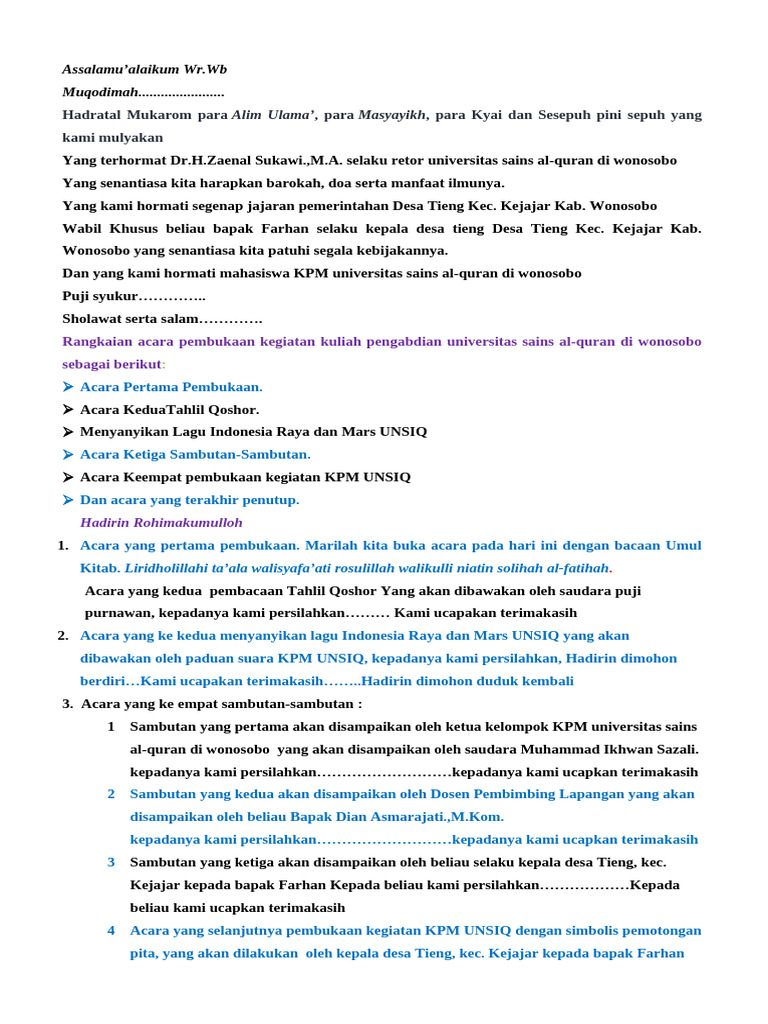 Teks Mc Pembukaan Kpm Unsiq Pdf