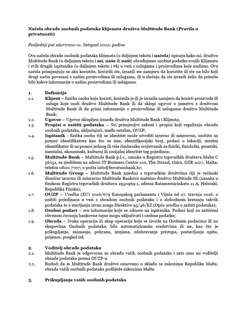 Pravila Privatnosti Multitude Bank PLC - 1 | PDF