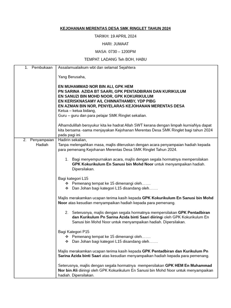 Teks Juruacara Kejohanan Merentas Desa SMK Ringlet Tahun 2024 | PDF
