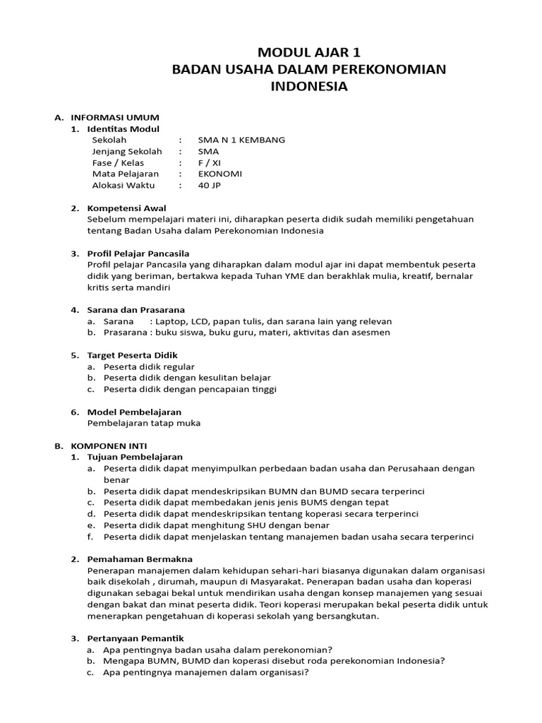 Modul Ajar Badan Usaha Dalam Perekonomian Indonesia | PDF