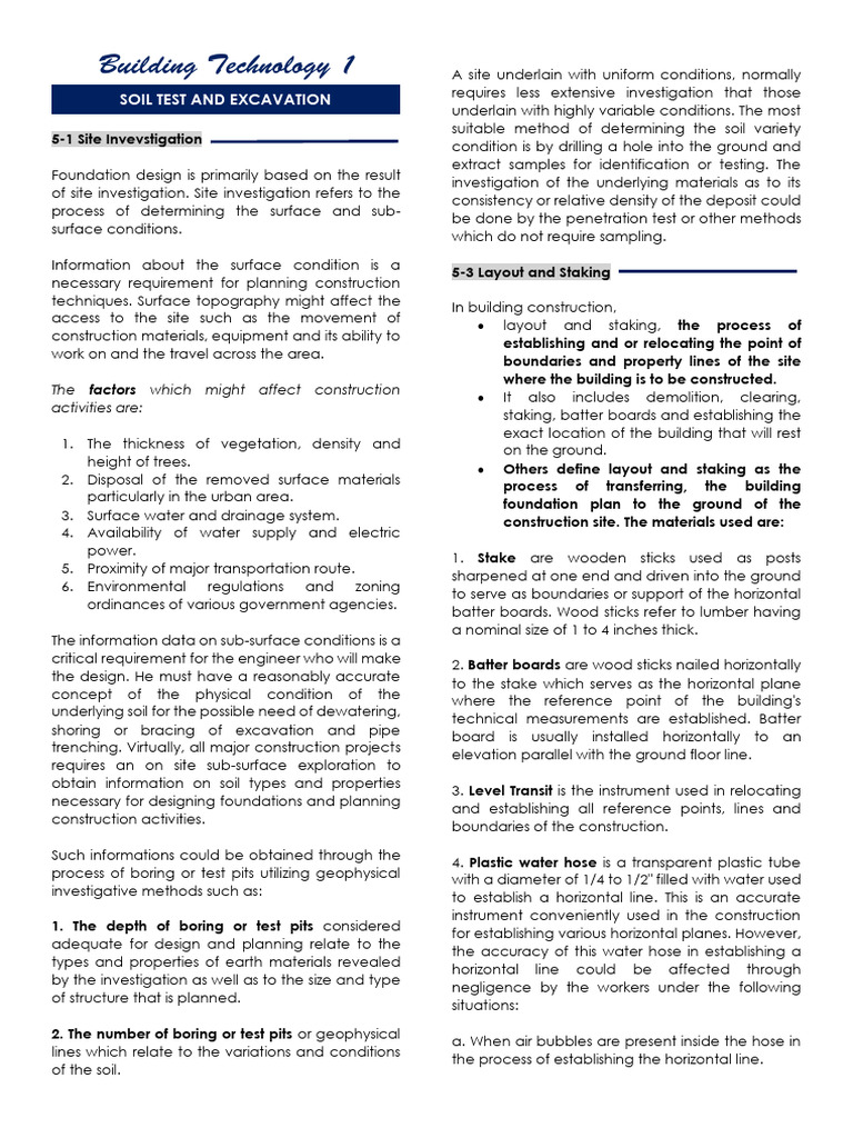 Building Technology 1 NOTES (Soil Test and Excavation, Foundation ...