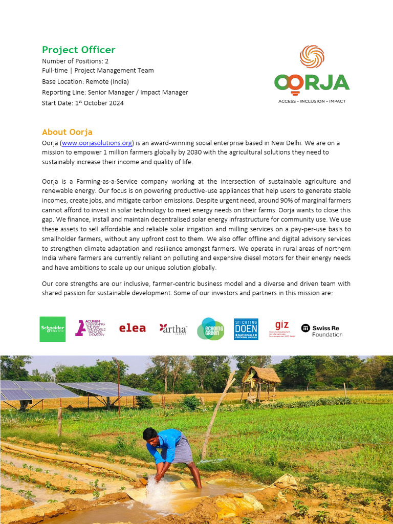 JD - Project Officer - Oorja - August 2024 | PDF