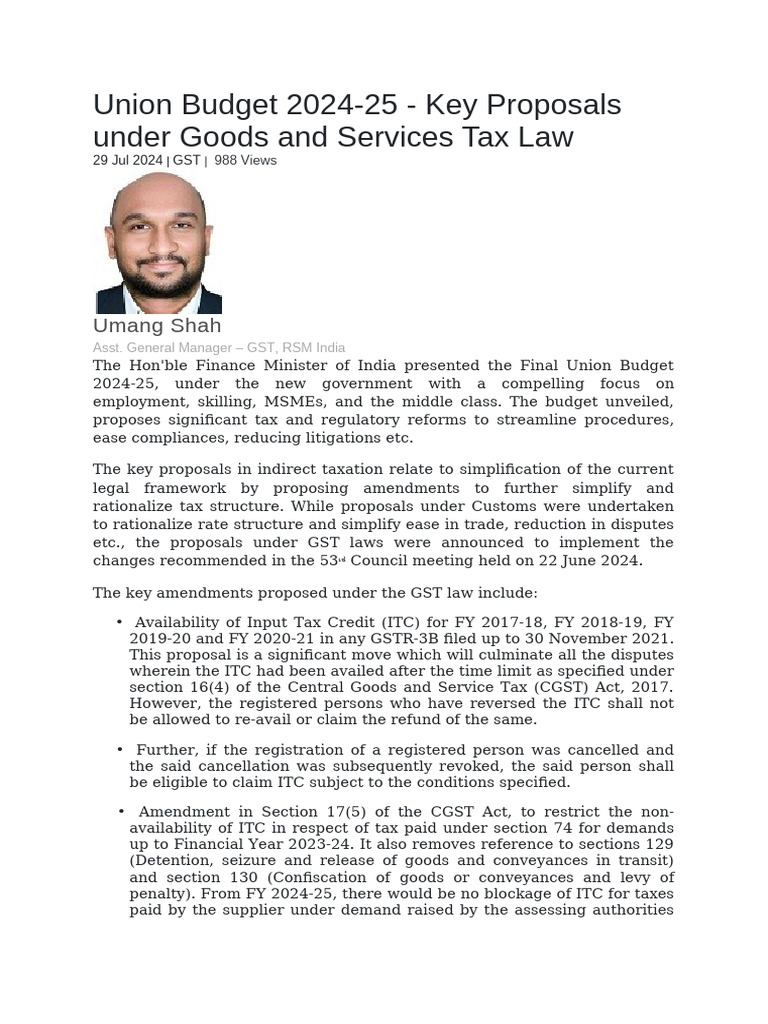 Union Budget 2024-25 - Key Proposals Under Goods and Services Tax Law | PDF