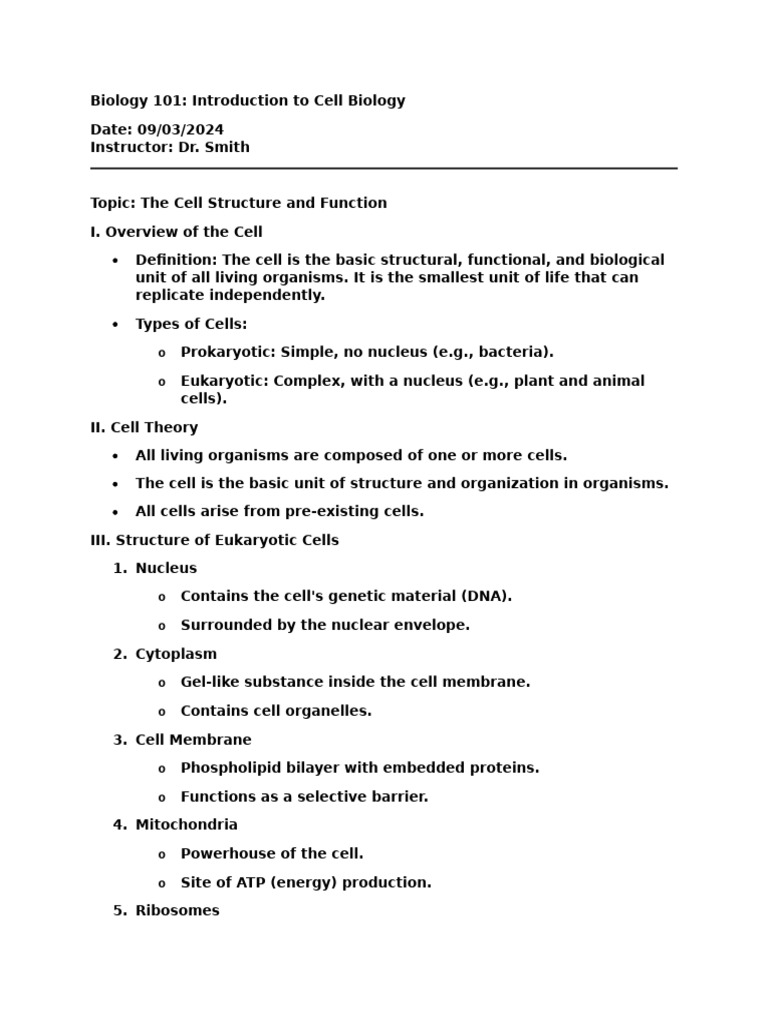Biology 101 Introduction To Cell Biology | PDF