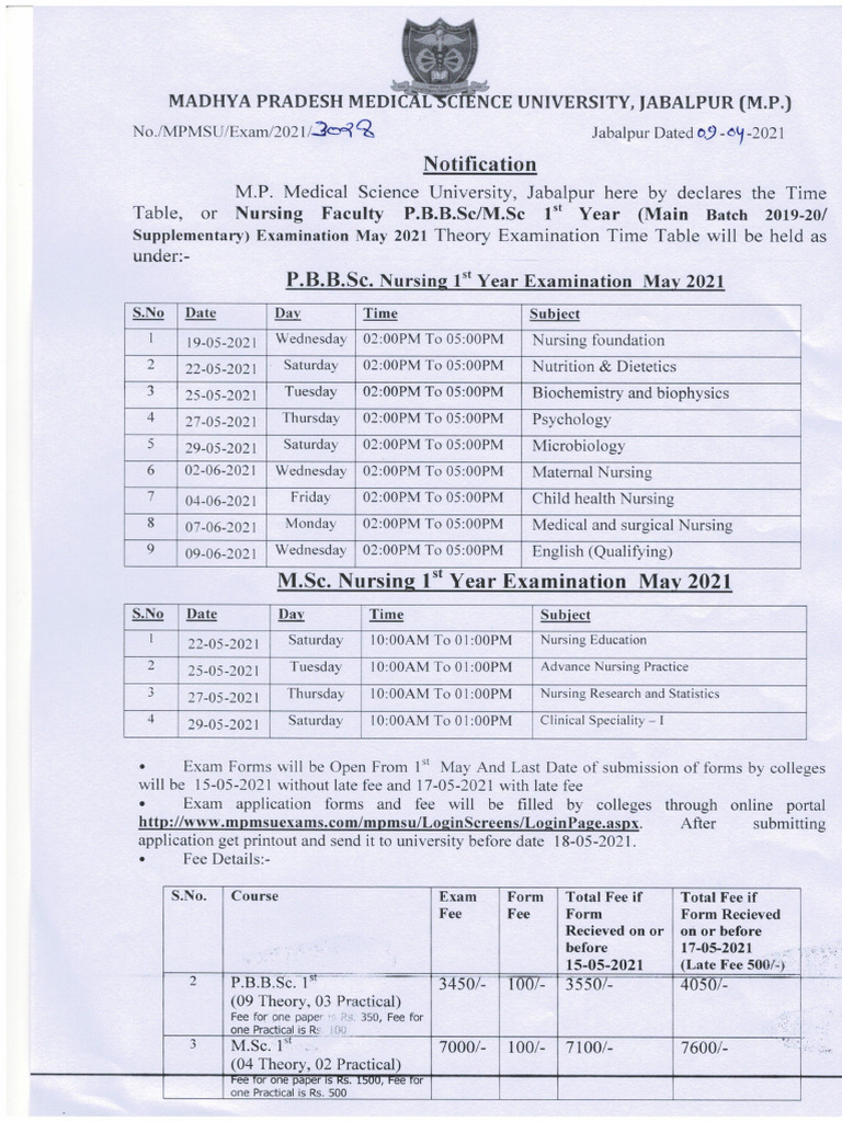 PBBSC-MSC 1st Year Main Batch 2019-20 - Supply Time Table (May 2021) | PDF