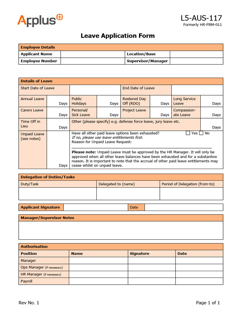 L5-AUS-117 Rev 1 - Leave Application Form (1) | PDF
