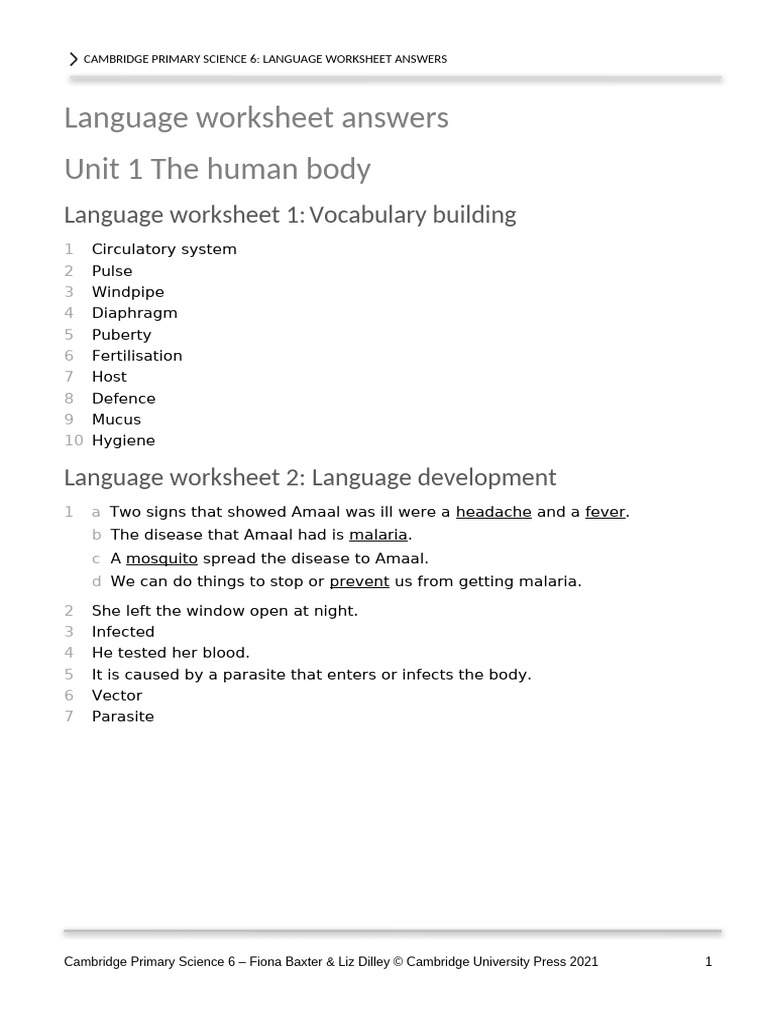 P Science 6 Language Worksheet Answers | PDF