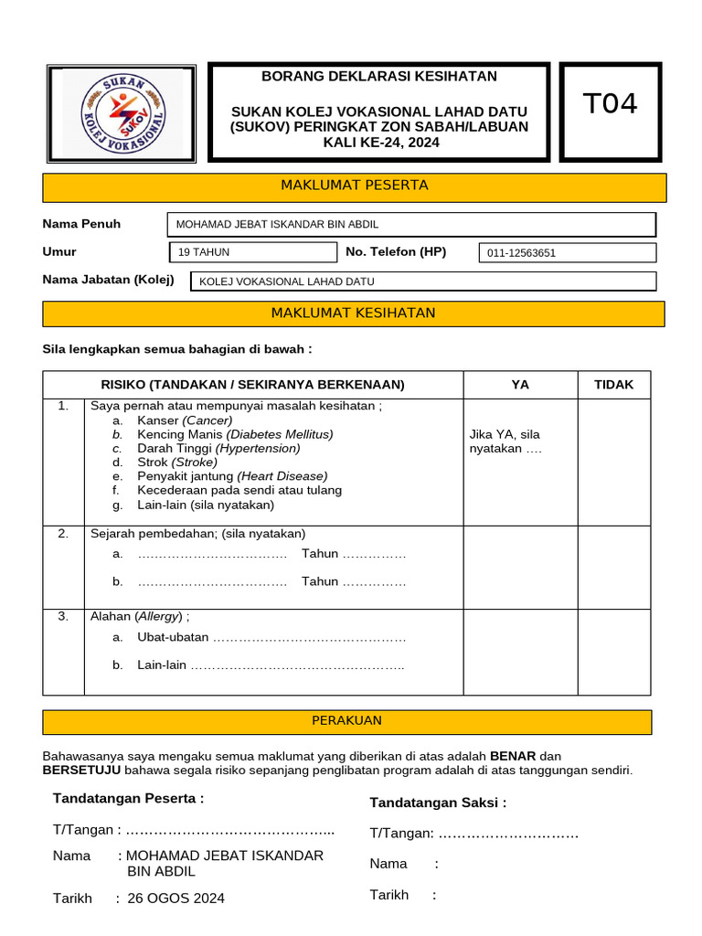 Borang V04 (Deklarasi Kesihatan) | PDF