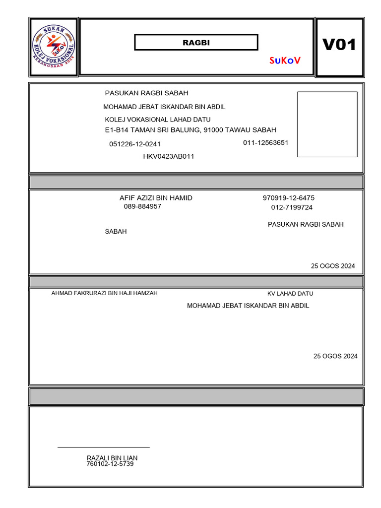 Ragbi - Borang V01, V02, V03, Vo4 | PDF