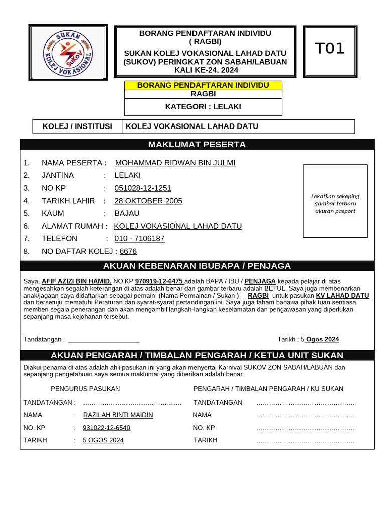 Borang T01, T02 Dan T03 Ragbi | PDF