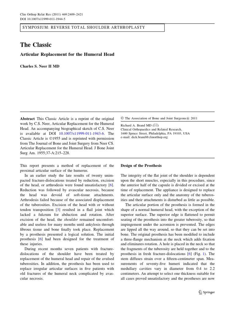 Shoulder Arthroplasty Neer 1955 | PDF | Shoulder | Anatomical Terms Of ...