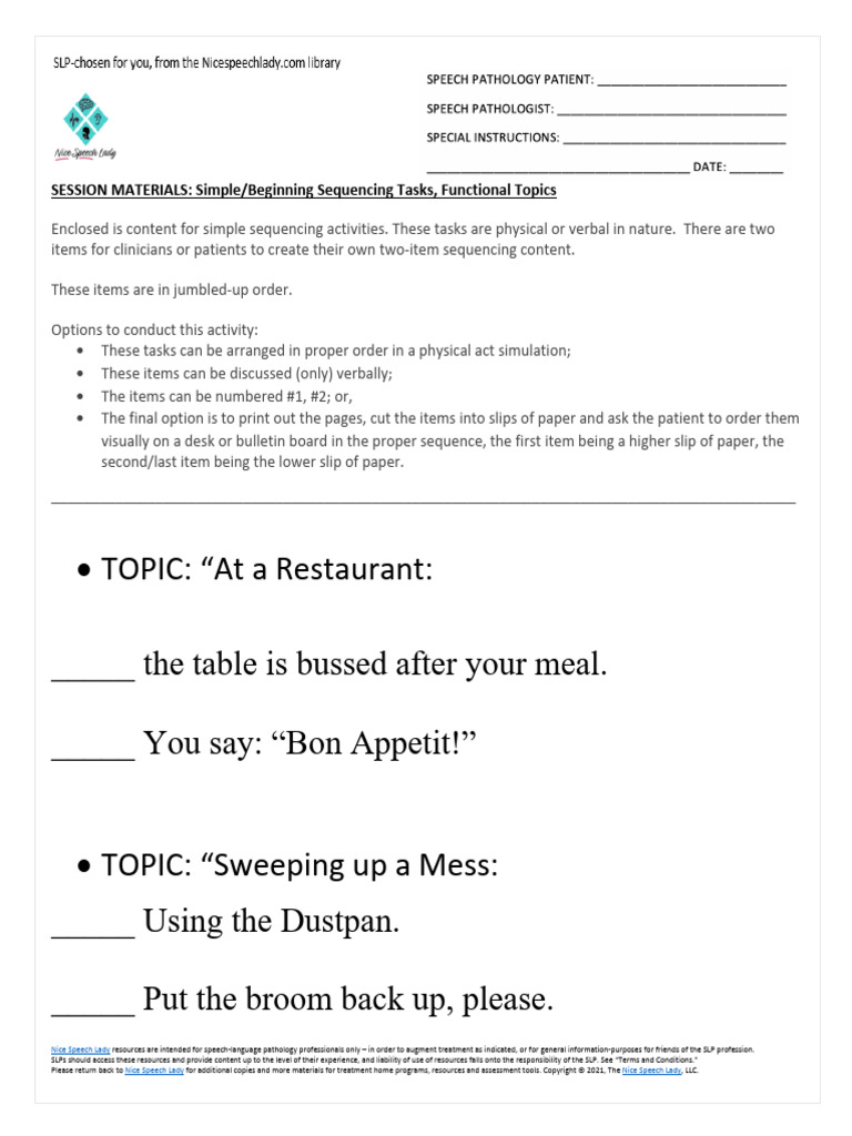 SESSION MATERIALS Simple Beginning Sequencing Tasks Functional Topics 1 | PDF