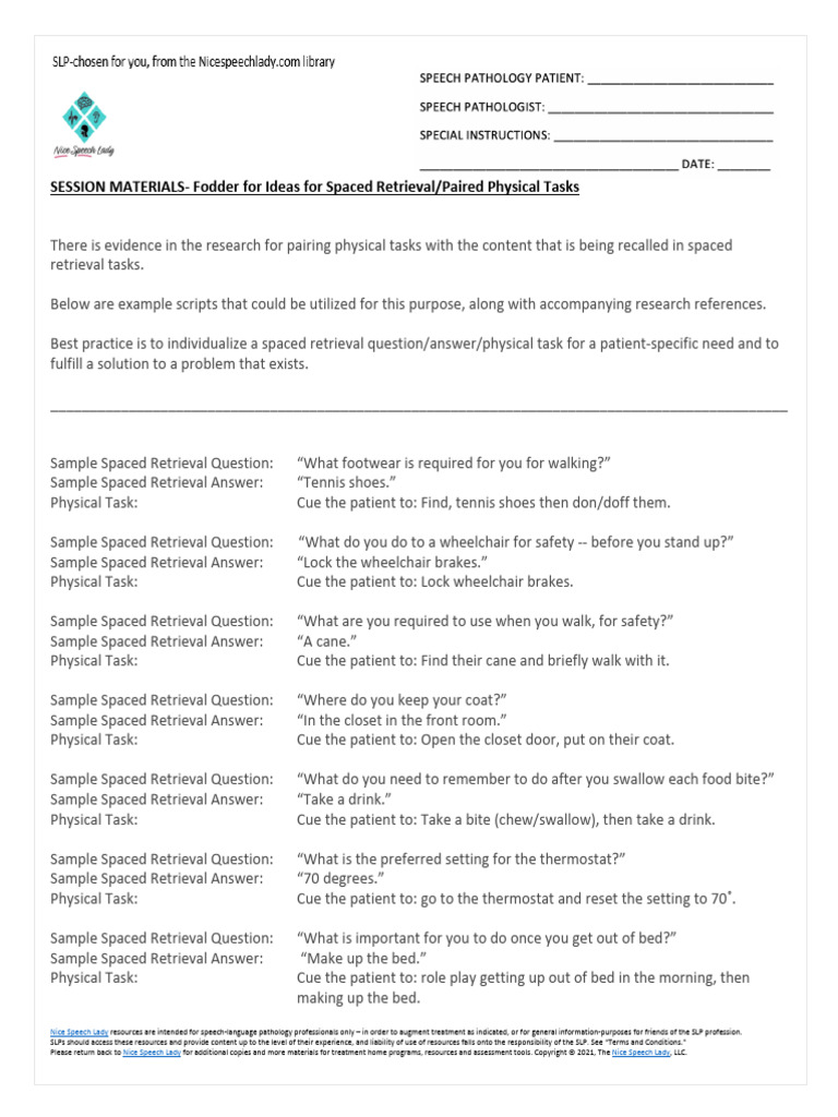 SESSION MATERIALS Fodder For Ideas For Spaced Retrieval and Paired Physical Tasks Evidence Based ...