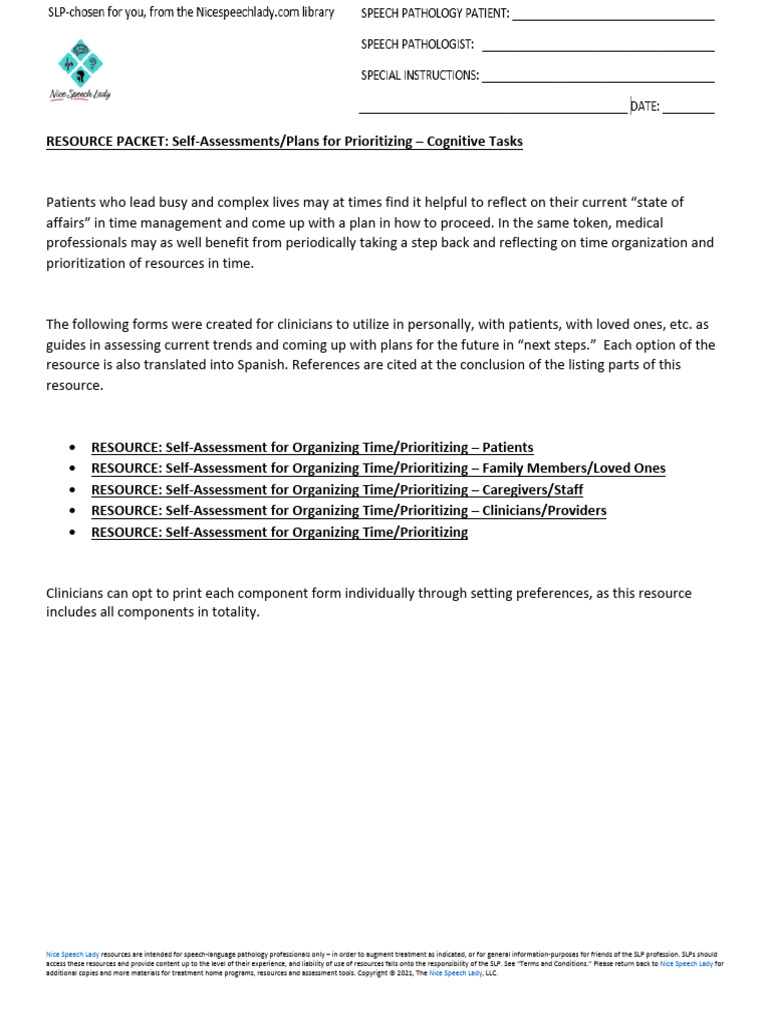 RESOURCE PACKET Self Assessments Plans For Prioritizing Cognitive Tasks ...