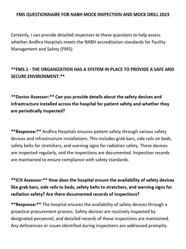 FMS QUESTIONNAIRE FOR NABH INSPECTION 2023 | PDF