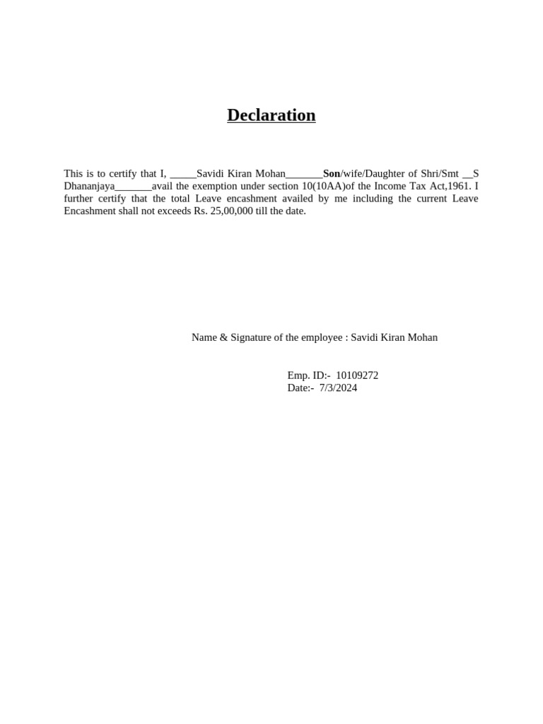 Leave Encashment Declaration Form | PDF