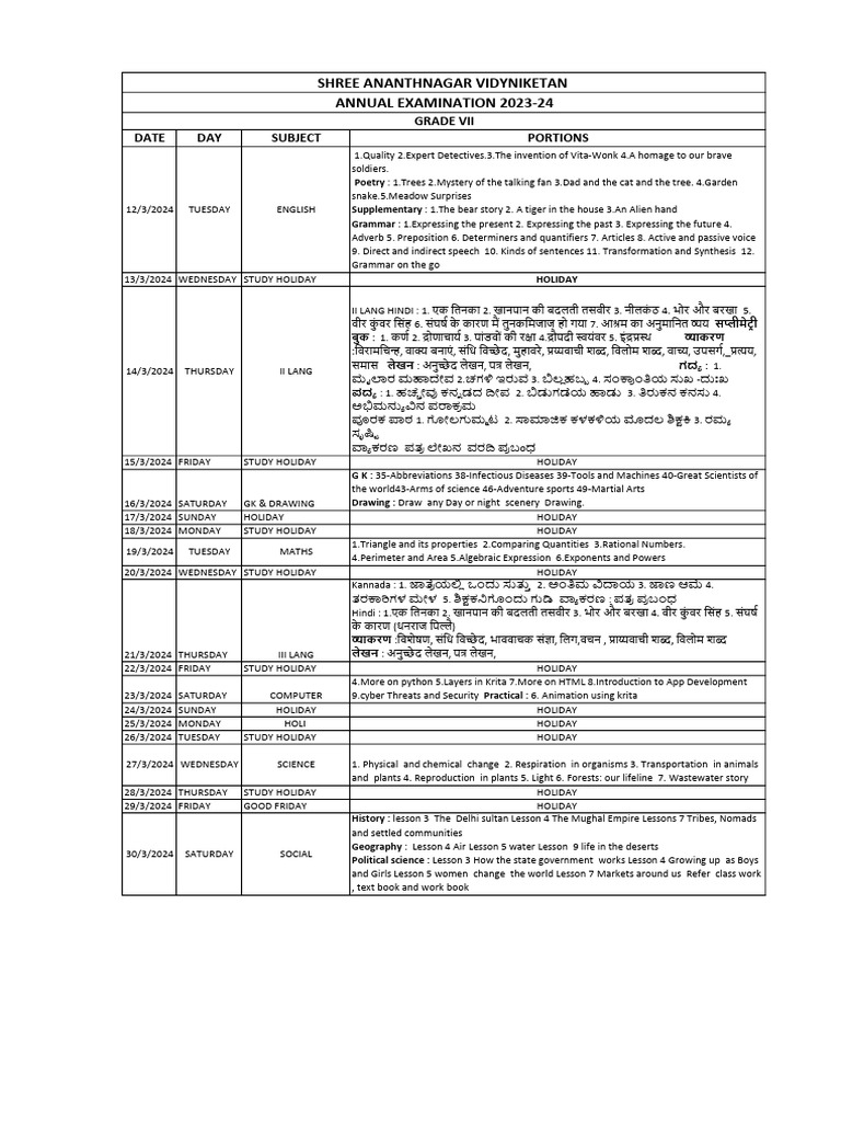 Grade 7 Annual Examination Time Table and Portions | PDF
