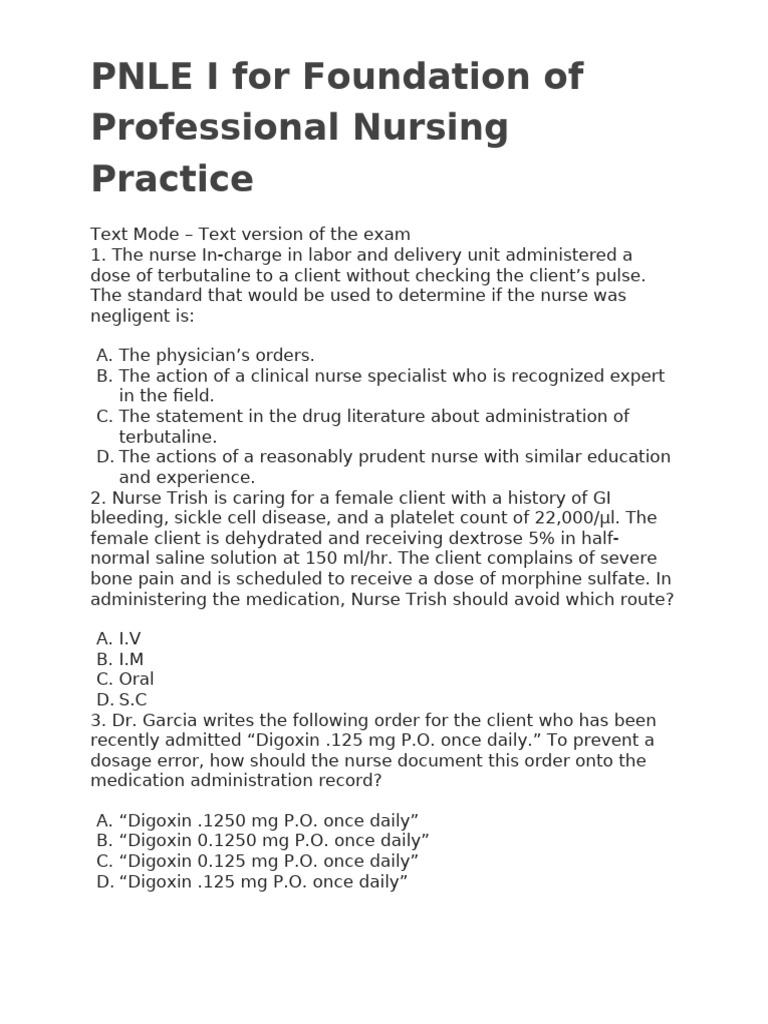 PNLE I for Foundation of Professional Nursing Practice | PDF