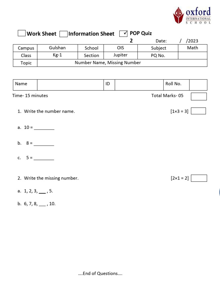 Proxy Assignment - Kg-1 Math | PDF