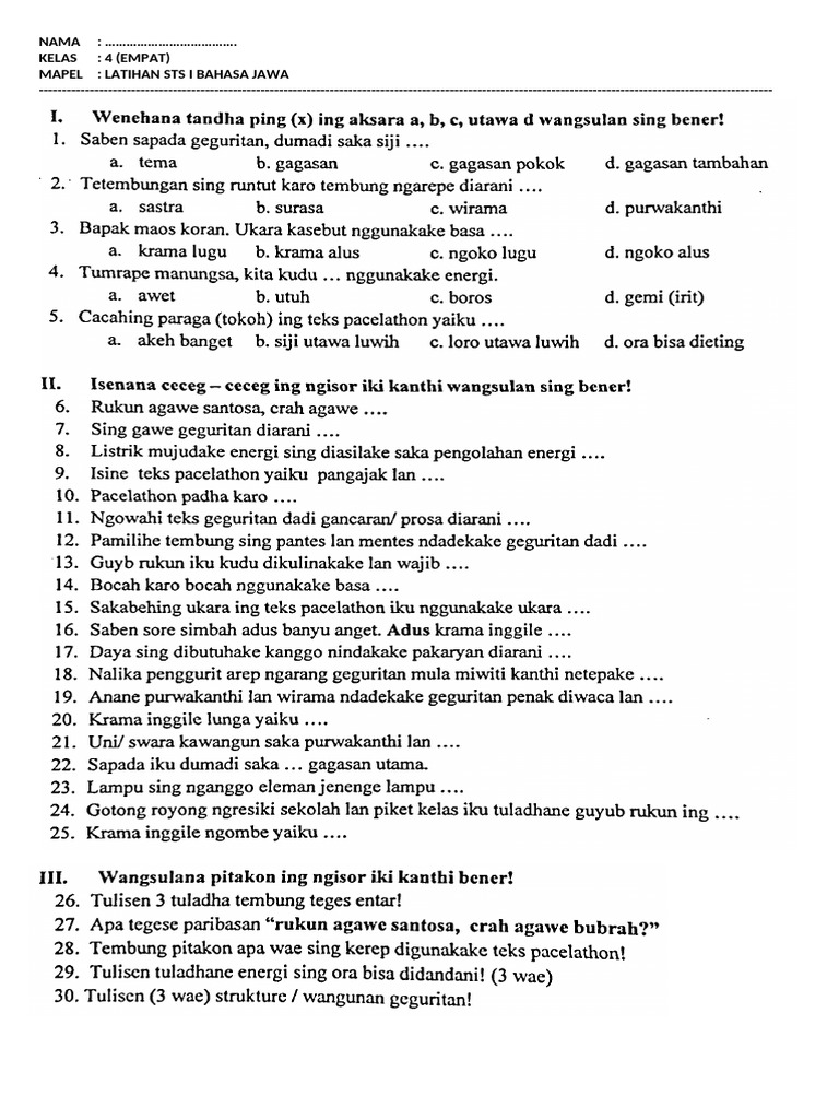 Soal PTS 1 BHS Jawa Kelas 4 Kurmer | PDF
