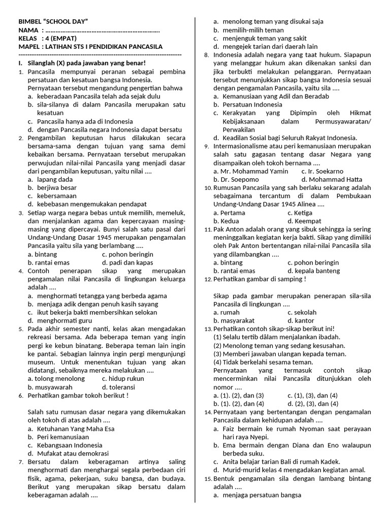 Soal PTS 1 Pend. Pancasila Kelas 4 Kurmer | PDF