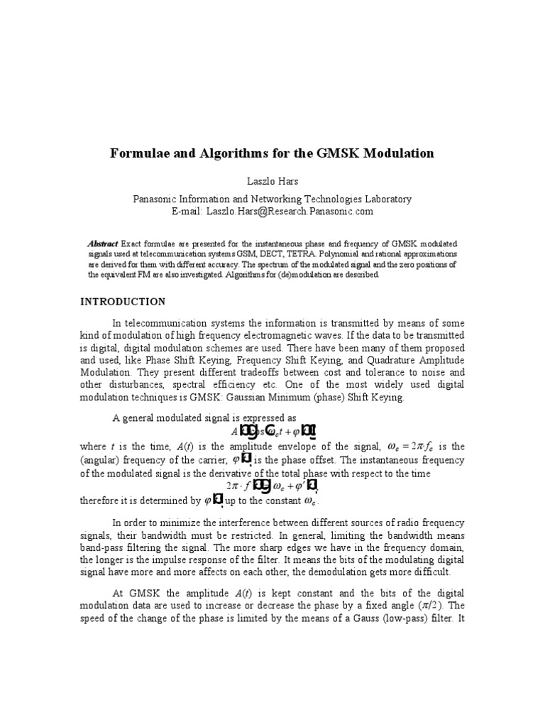 Formulas and Algorithms for GMSK Modulation: An In-Depth Examination of the Mathematical ...