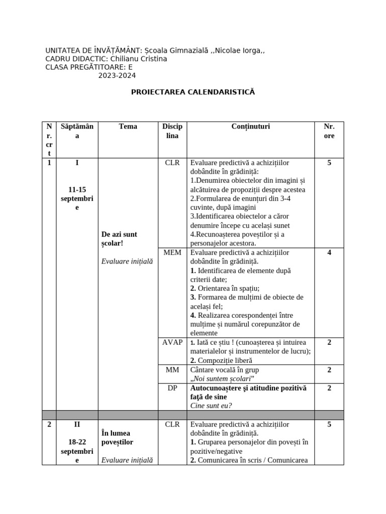 Planificare Calendaristica - Clasa Pregatitoare | PDF