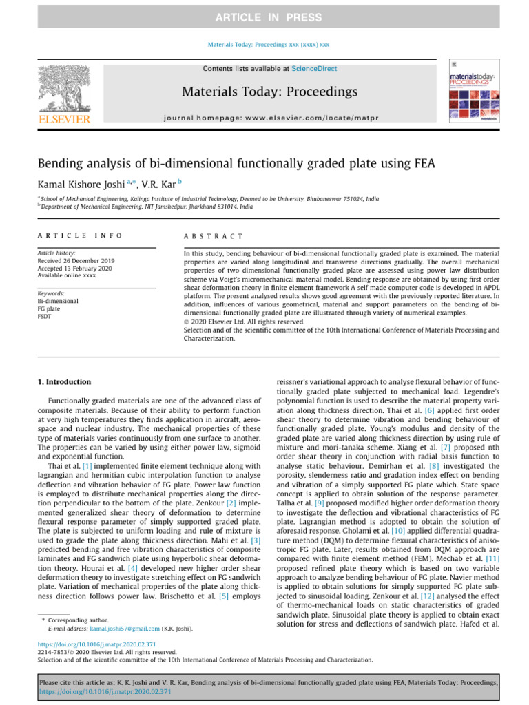 Bending Analysis of Bi-Dimensional Functionally Graded Plate Using FEA Kamal Kishore Joshi A,, V ...