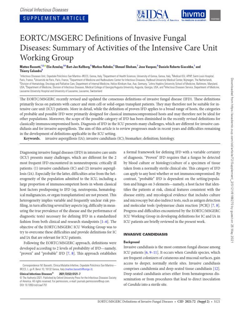 EORTC/MSGERC Definitions of Invasive Fungal Diseases: Summary of ...