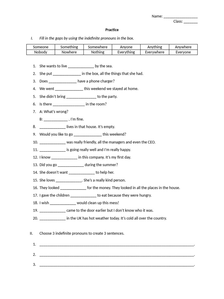 Indefinite Pronouns Practice | PDF